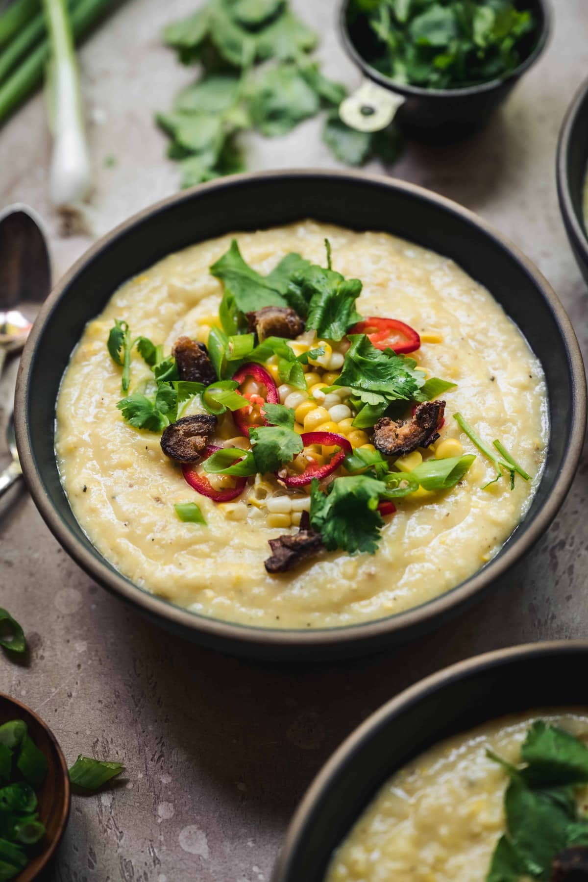 Vegan Coconut Corn Chowder with Crispy Dates | Crowded Kitchen