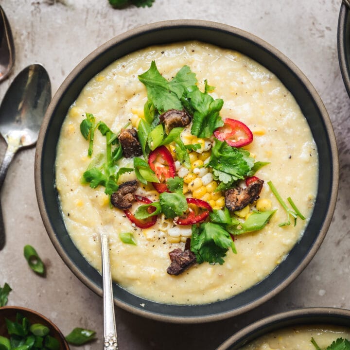 Vegan Coconut Corn Chowder with Crispy Dates | Crowded Kitchen