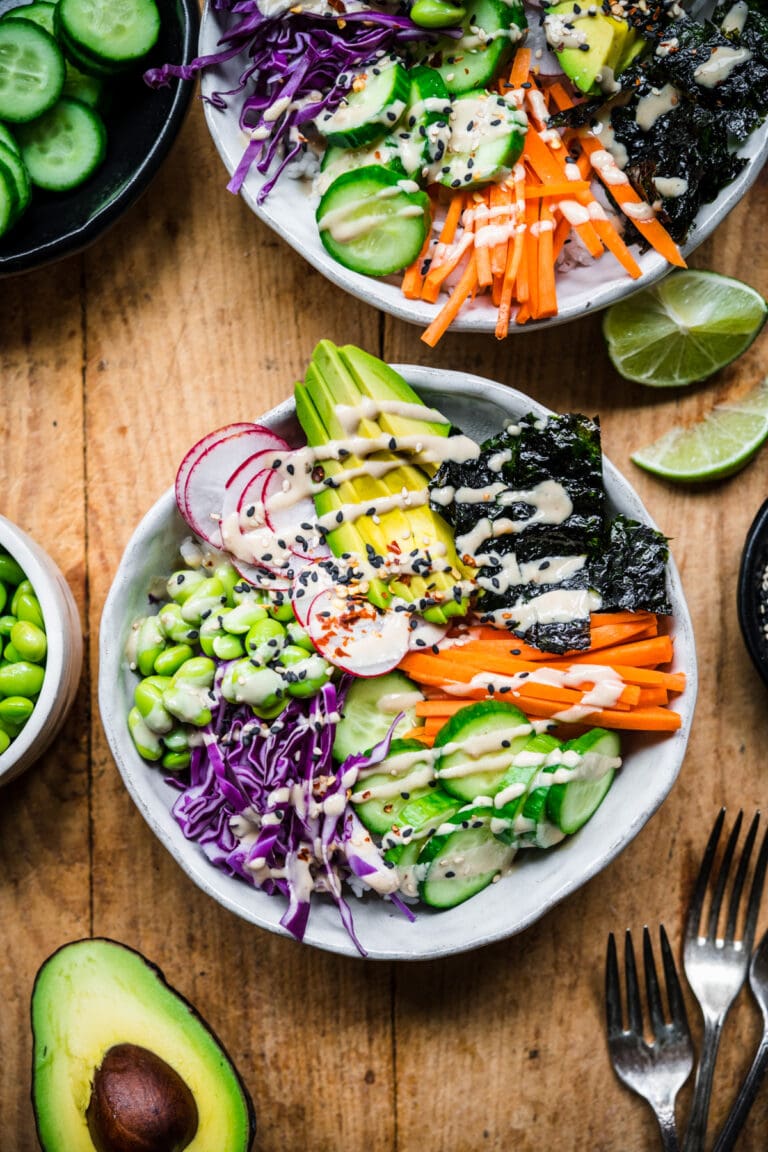 Vegan Sushi Bowls with Miso Tahini Dressing - Crowded Kitchen
