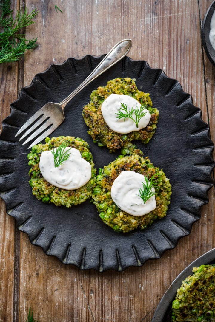 Green Pea Fritters with Lemon Dill Sauce - Crowded Kitchen